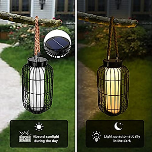 baterysu Large Outdoor Solar Lanterns Hanging Light Waterproof LED Garden Lights solar powered Retro Metal Auto On Off Table Lamp for Garden Patio Porch Lawn Pathway Walkway Tabletop Decorative(Black)