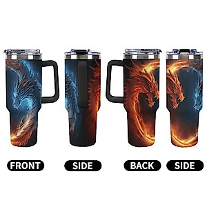 HJUQNGF 40 Oz Personalized Tumbler with Handle And Straw Fire And Ice Dragons Stainless Steel Insulated Tumblers Reusable Car Thermal Cup Travel Coffee Mug for Women Men