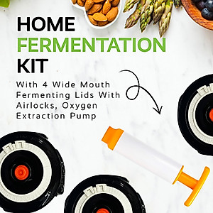 Fermenter lids - Home Fermentation Kit With 4 Wide Mouth Fermenting Lids With Airlocks, Oxygen Extraction Pump, Ideal For Sauerkraut, Kimchi, Pickles & Fermented Vegetable