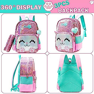 Meetbelify Cute Backpack for Girls Pink Cat School Backpacks Kids Sequin Bookbag for Elementary Kindergarten Students with Lunch Box Pencil Case for Girls 5-12 Years Old