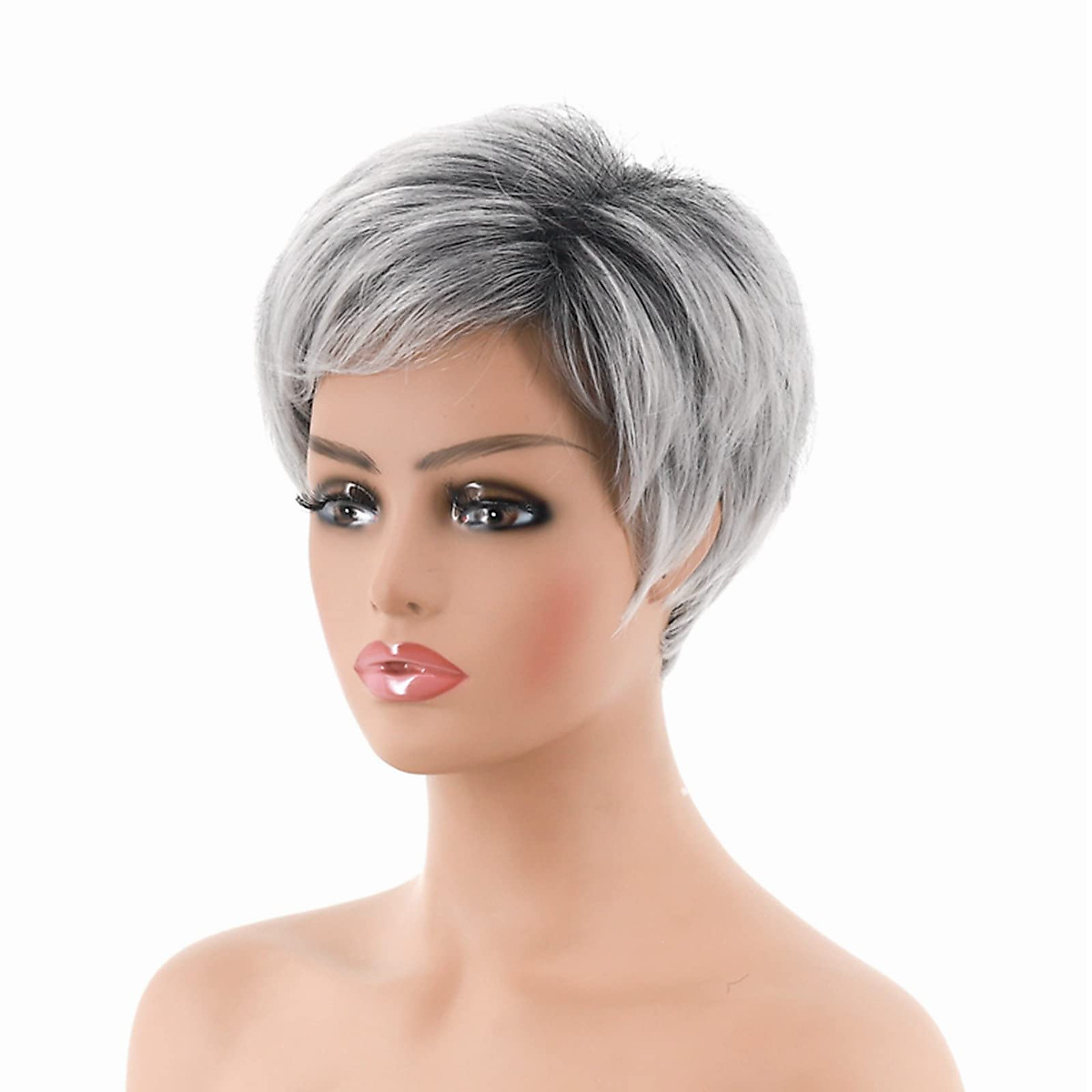 Gray Wigs for Women, Temperament, Oblique Bangs, Texture, Fluffy Short Hair, Black Gradient Silver, Middle-Aged and Elderly Women’S, Natural Hair Wig for Daily Use, Suitable for Girls and Women