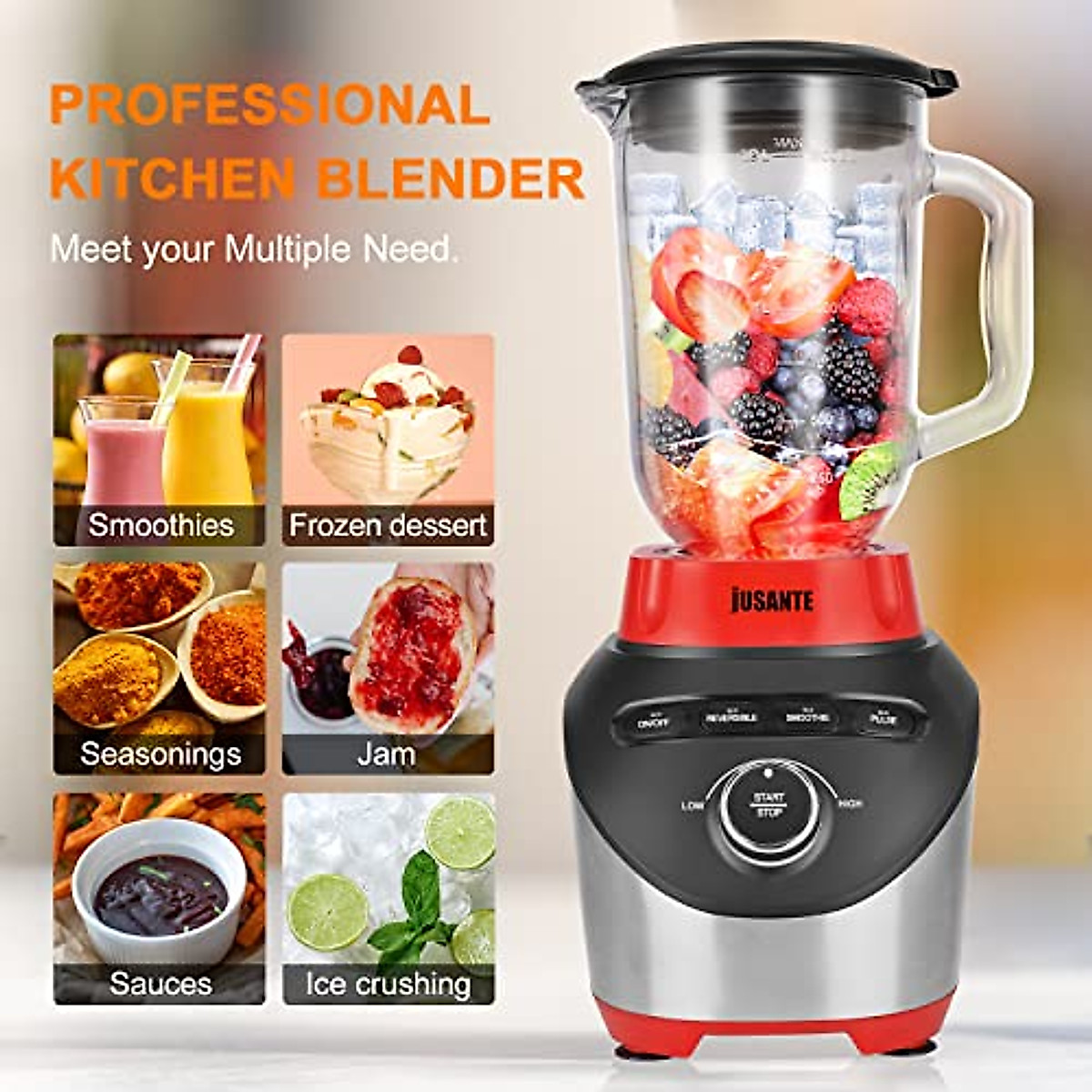 JUSANTE Blender Smoothie Countertop Blender with 64 oz Glass Jar 1200 Watts Professional Kitchen Blender for Shakes and Smoothies Red High-Speed Smoothie Blender for Smoothies Ice and Frozen Fruit with Autonomous Clean