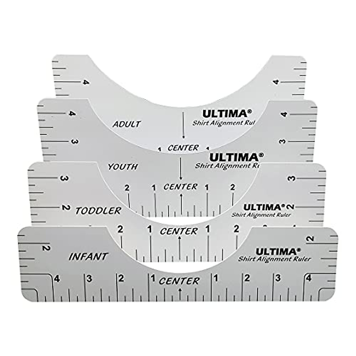Ultima T-Shirt Alignment Guide & Centering Ruler – 4pc T Shirt Alignment Tool Used to Center Your Designs – Sizes for Adult, Youth, Toddler & Infant