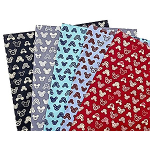 Disney Mickey Mouse Minnie Heads Character Cartoon Pattern 100% Cotton in Different Color Quilting Fabric for Patchwork Needlework DIY Sewing Crafting Precut Face Mask 18x22 Inches (Set of 5 Pieces)