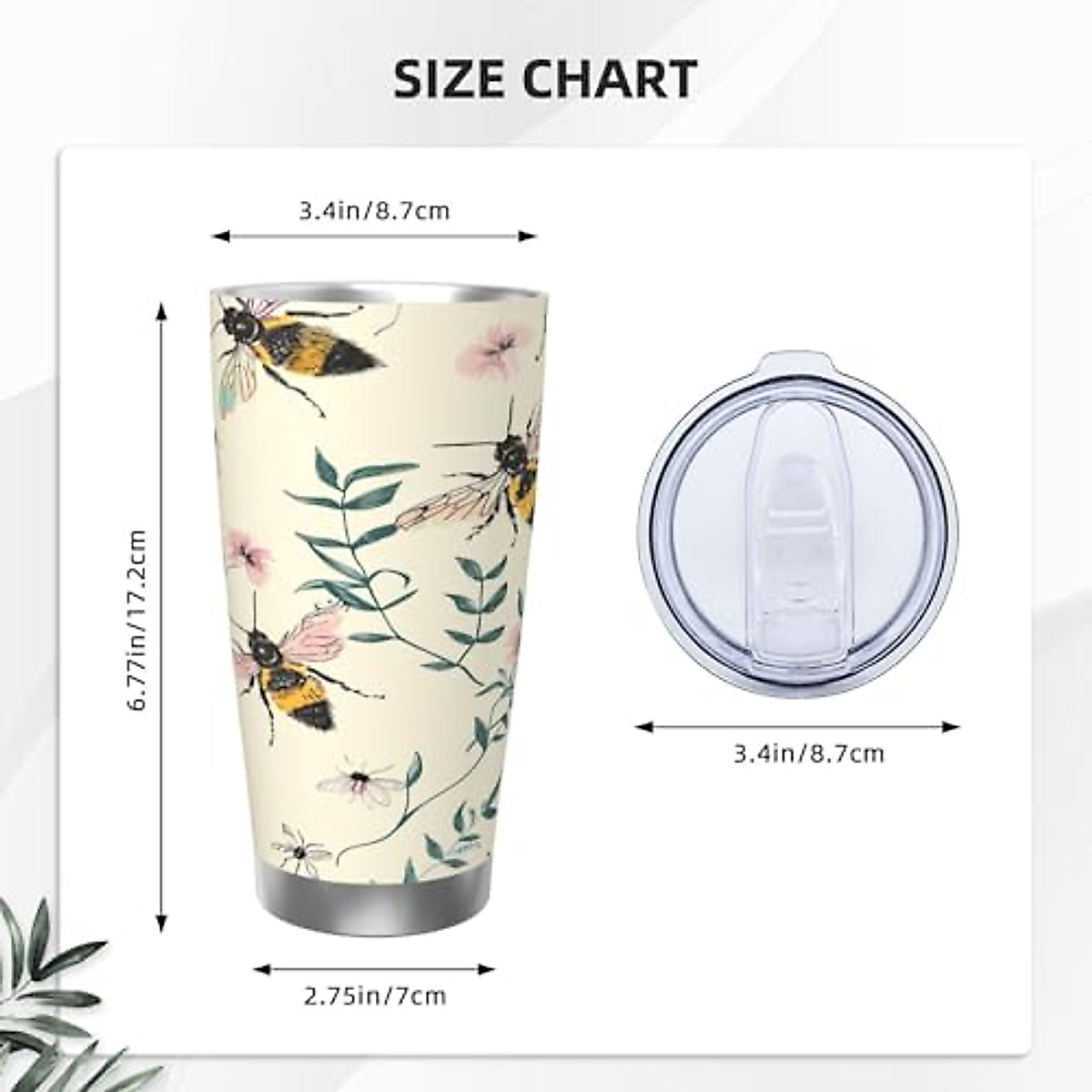 AYCZN Bee Flower 20 OZ Tumbler Stainless Steel Travel Coffee Mug, Floral Insulated Water Bottle with Lid and Straws Leakproof Thermal Cup