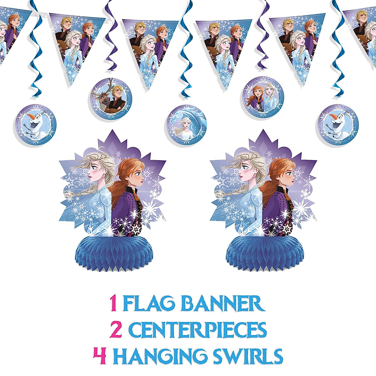 Disney Licensed Frozen Birthday Party Supplies for 16 People. Large Plates, Napkins, Elsa & Anna Centerpieces, Banner, Swirls, Table Cover. Quality Disposable Decorations for Frozen Movie Party