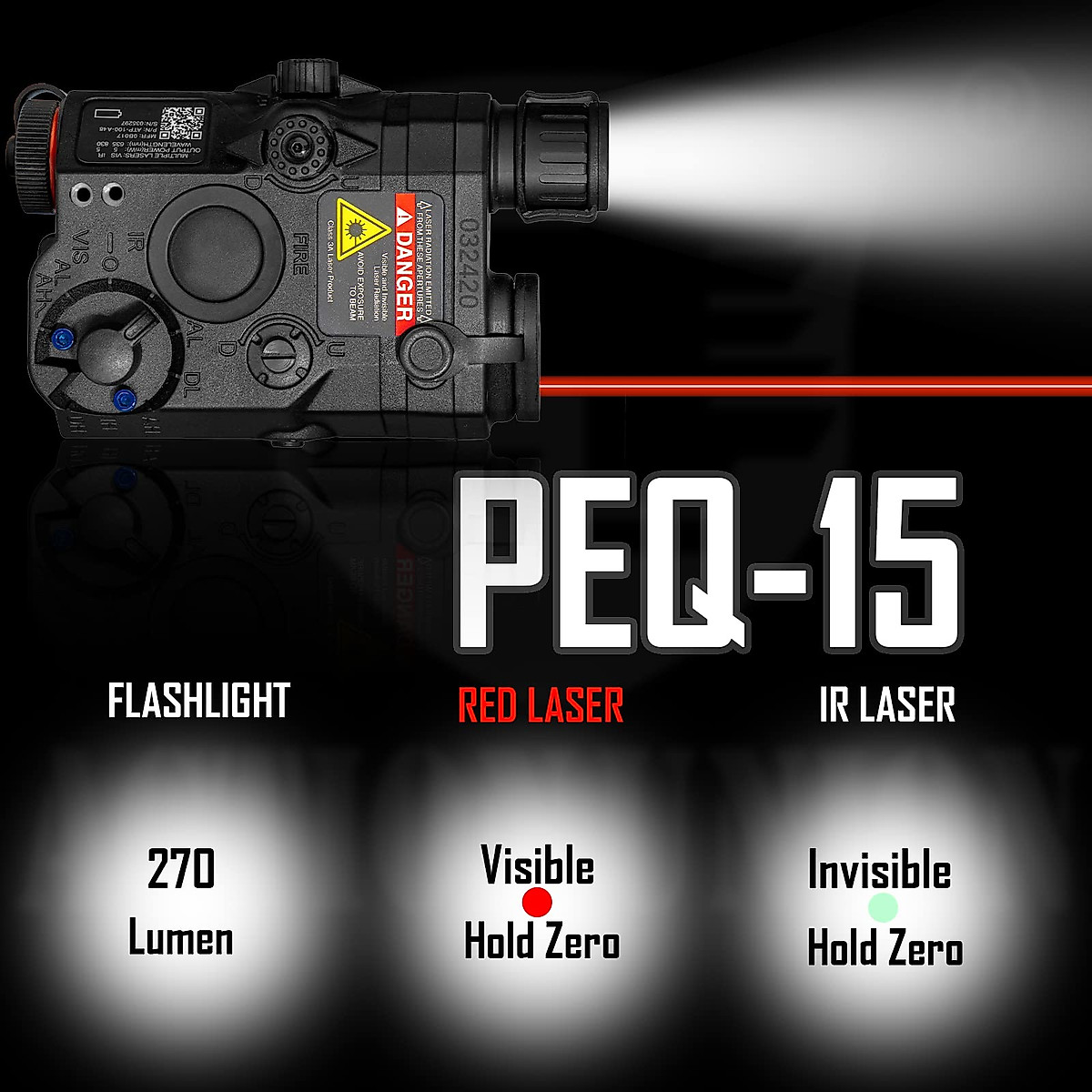 ACTIONUNION Airsoft PEQ-15 IR Laser + Visible Red Laser + White LED Flashlight (Black)