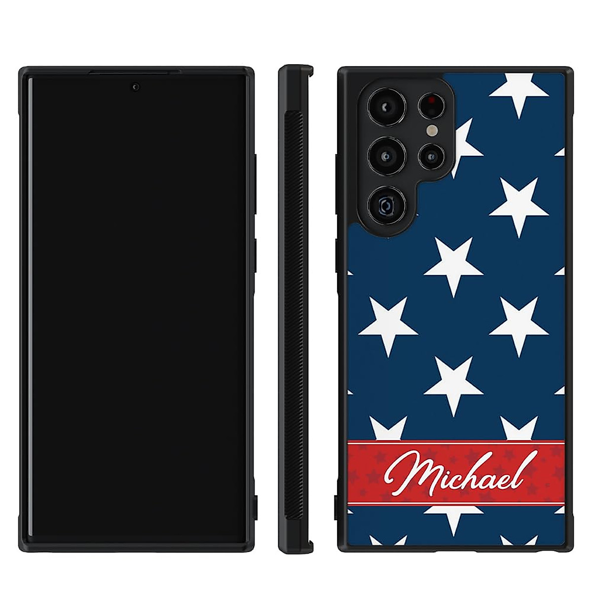 Red White Blue Stars Personalized Black Rubber Phone Case Compatible With Samsung Galaxy S25 S25+ S25 Ultra S24 S24+ S24 Ultra S24FE, S23 FE S23+ Ultra S22 S22+