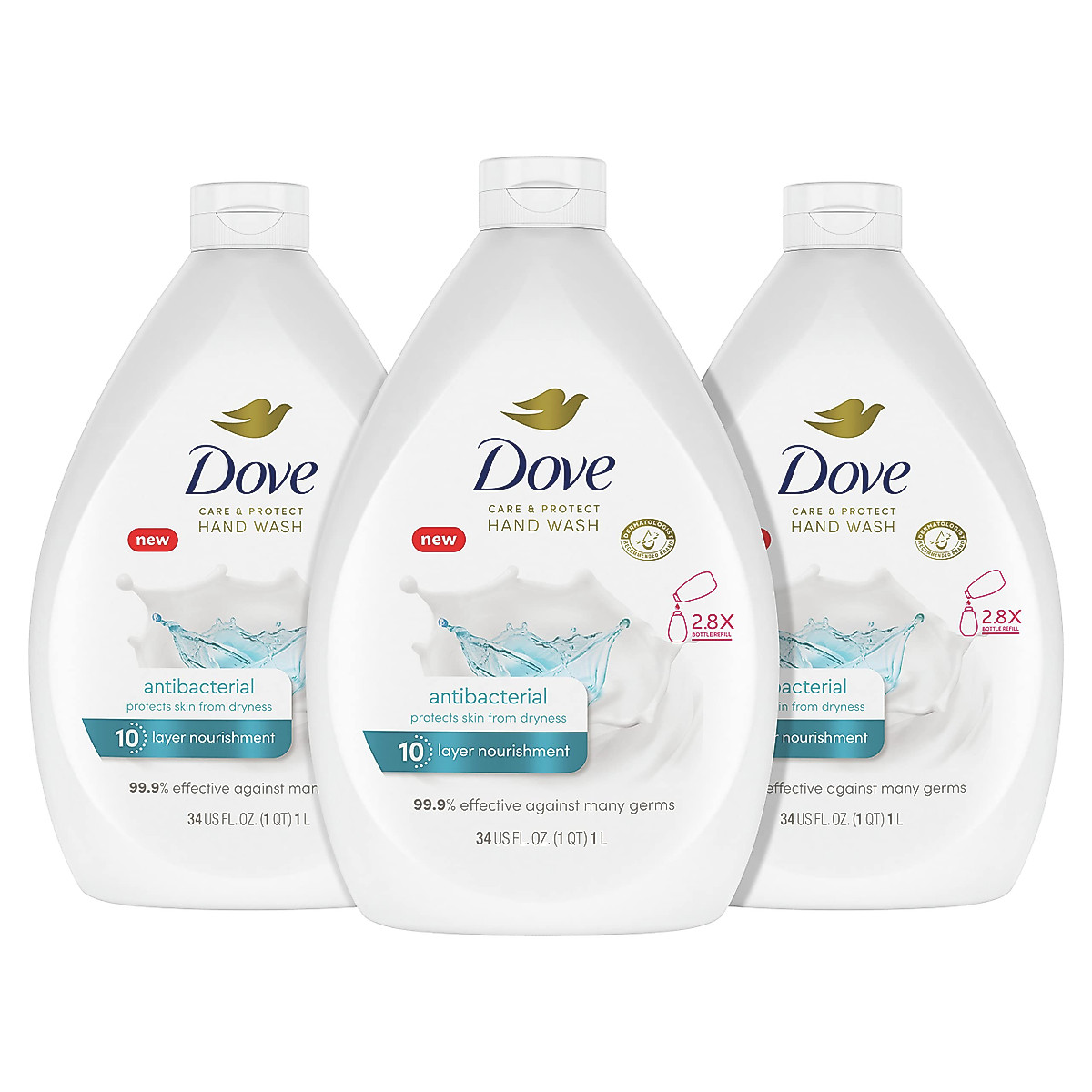 Dove Antibacterial Hand Wash Care & Protect Pack of 3 Protects Skin from Dryness, Moisturizers More Than The Leading Ordinary Hand Soap, 34 oz
