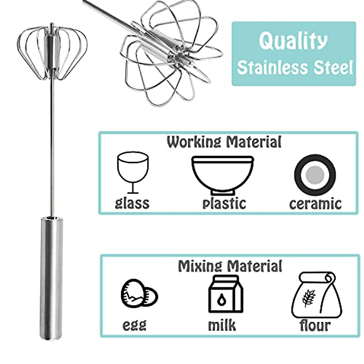 Semi-automatic Whisk, Stainless Steel Egg Beater, Hand Push Rotary Whisks Mixer Stirrer for Making Cream, Whisking, Beating and Stirring (Silver)