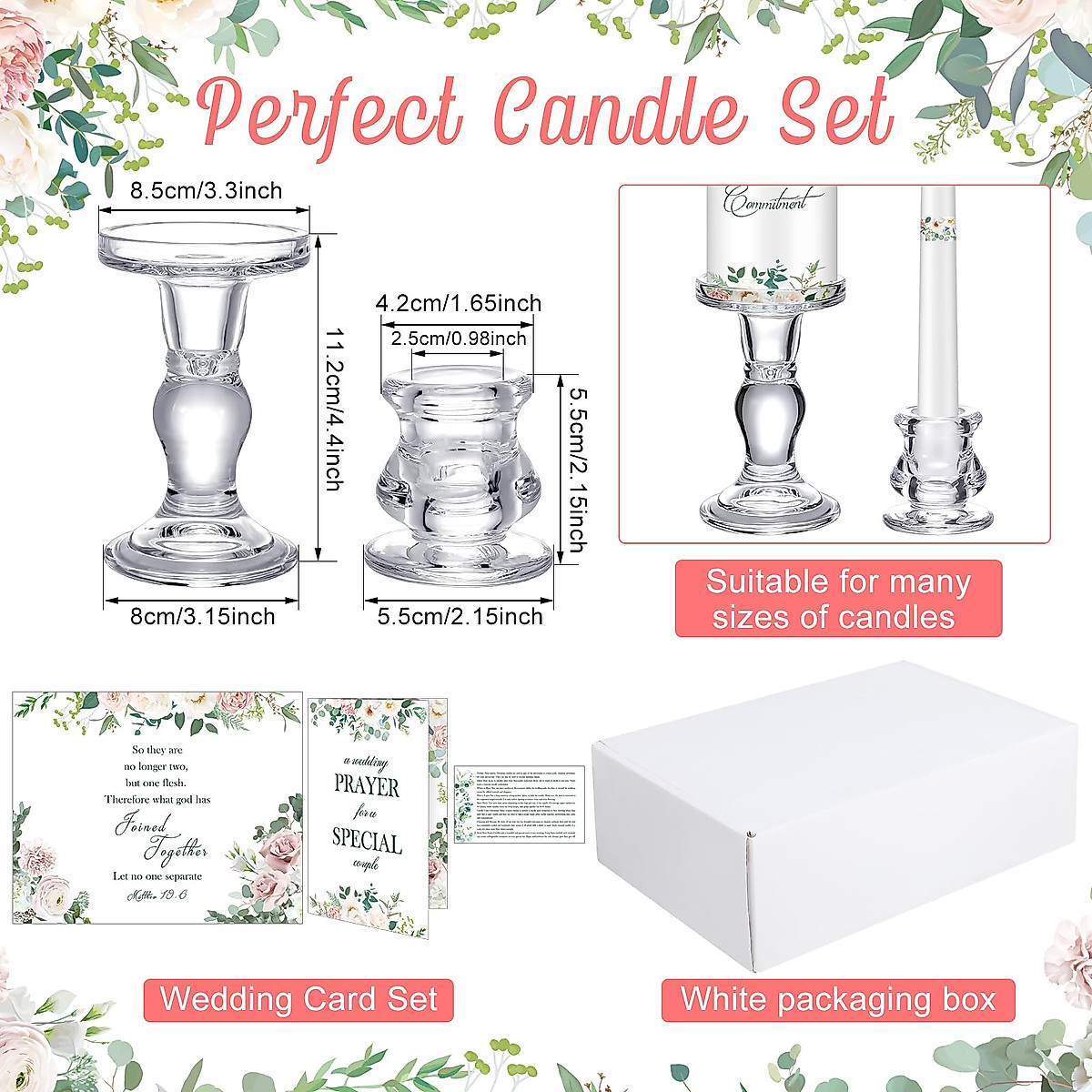 Layhit Unity Wedding Candles Ceremony Set with Glass Candlesticks Holders Wedding Accessories and Decor Unity Candle Set for Religious Wedding Anniversary Big Events Gifts for Couple