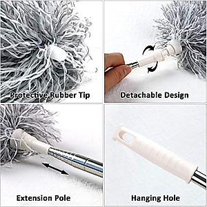 Uwilowe Microfiber Duster with Extension Pole 30 to 100"(Stainless Steel), with Bendable Head, Telescoping Extendable Long Dusters for Cleaning Ceiling Fan, Keyboard, Furniture, Cars