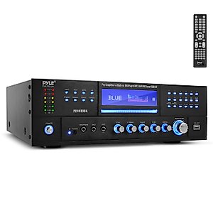 Pyle 4-Channel Wireless Bluetooth Power Amplifier - 1000W Stereo Speaker Home Audio Receiver w/FM Radio, USB, Headphone, 2 Microphone w/Echo, Front Loading CD DVD Player, LED, Rack Mount, Black