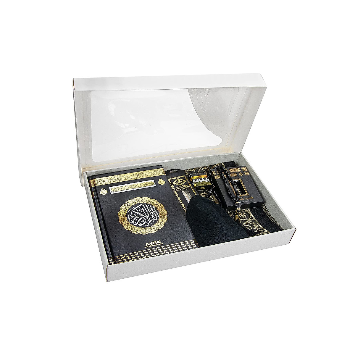 ihvan online Luxury Islamic Prayer Gift Box, Quran & Prayer Beads Tesbih & Muslim Prayer Rug & Miswak Stick & Solid Smell & Kufi Hats & Hacerul Esved, Deluxe 8 Piece SetRamadan & Eid Gift