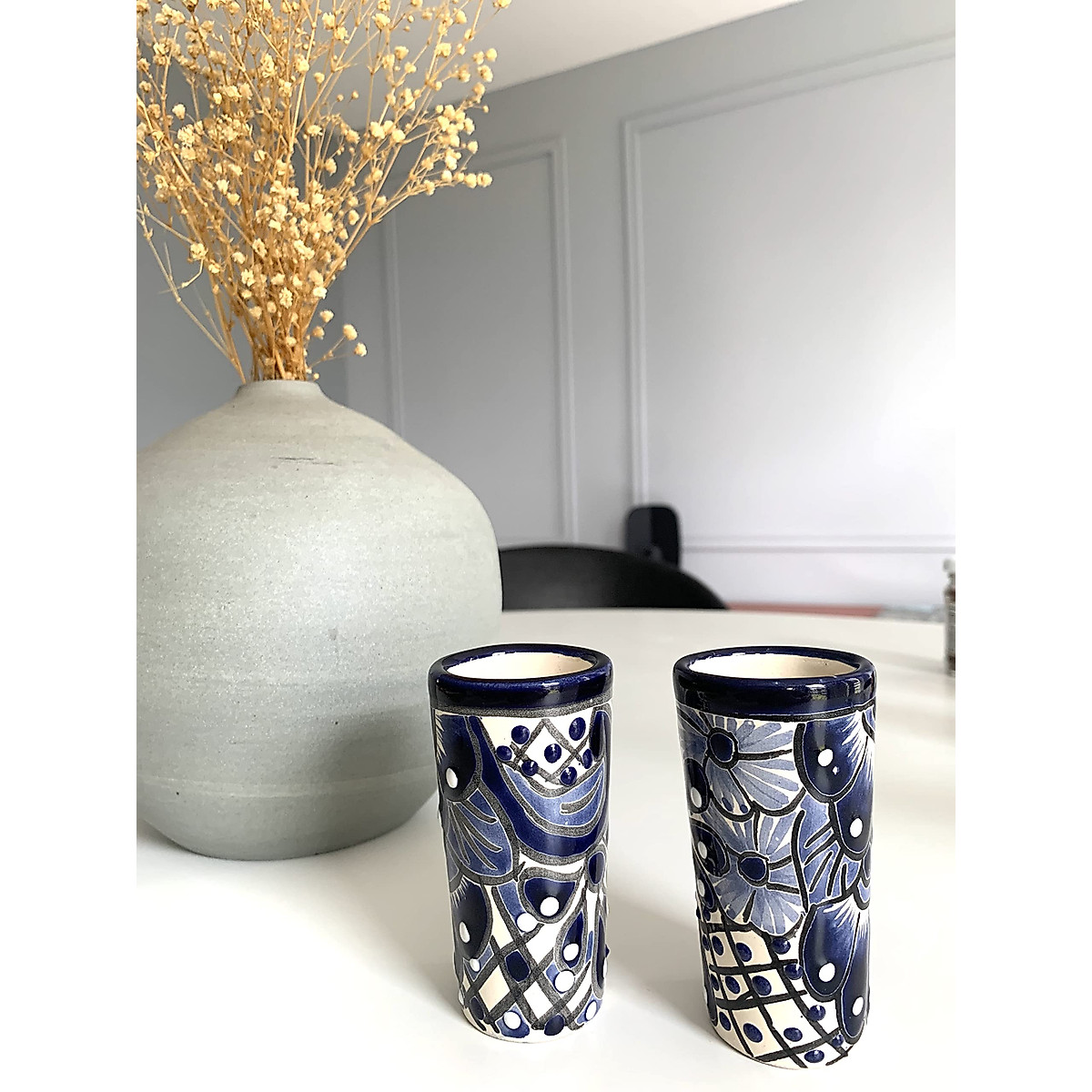 Casa Fiesta Designs Mexican Shot Glasses, Hand-painted Ceramic Tequila Shot Glass Made in Mexico - Great for Tequila, Mezcal and Sangrita, 2 oz - Blue and White - Tequilero Azul y Blanco (Pack of 4)