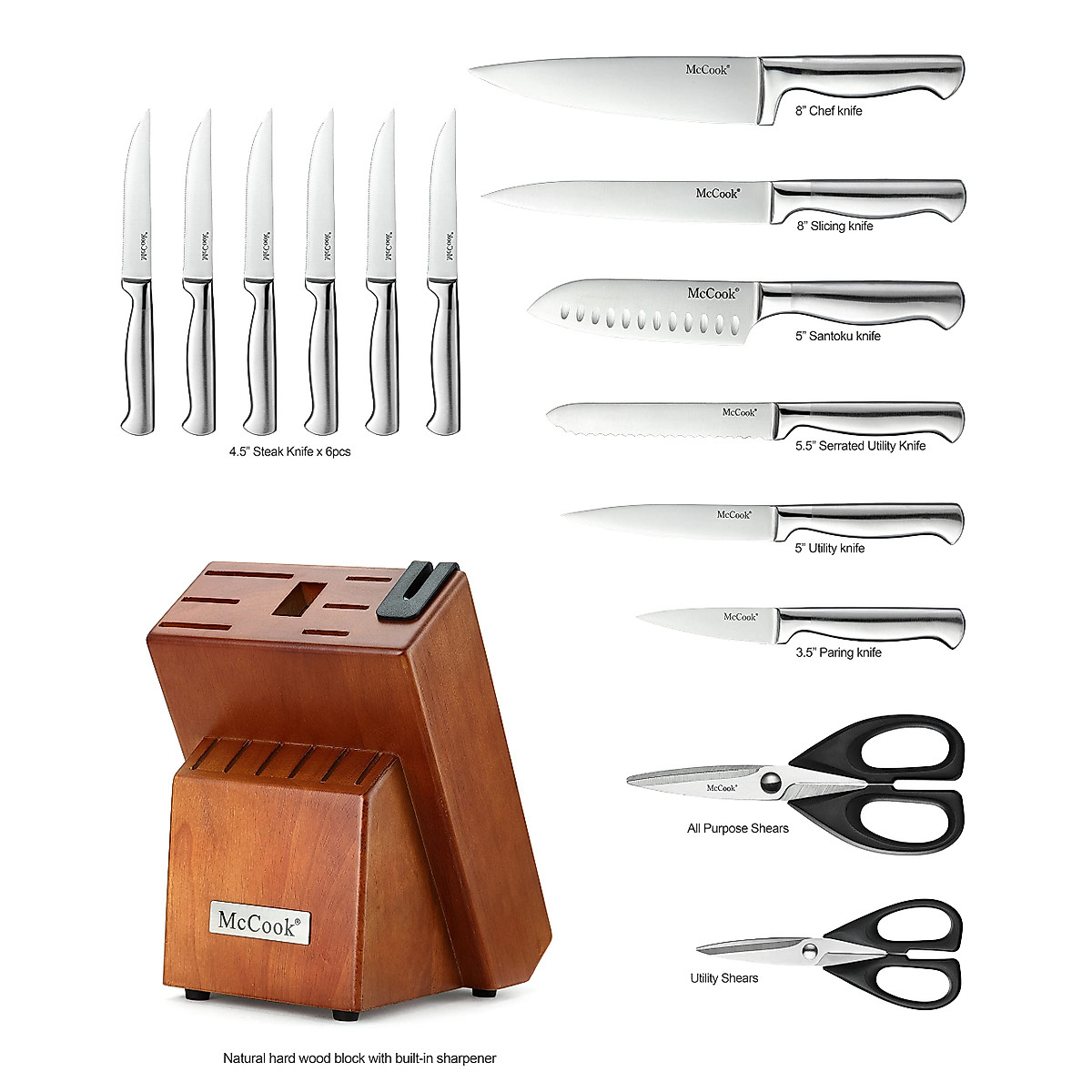 McCook MC29 Knife Sets,15 Pieces German Stainless Steel Kitchen Knife Block Sets with Built-in Sharpener