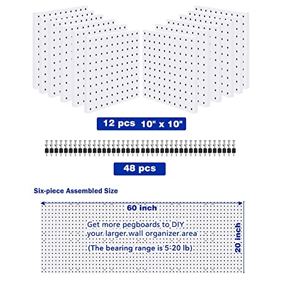 12 Pcs Pegboard, Peg Boards for Walls, Wall Mount Display Pegboard Panel Kits, Small Pegboard for Craft Room, Workshop, Office, Peg Boards for Walls - White Pegboards Panels