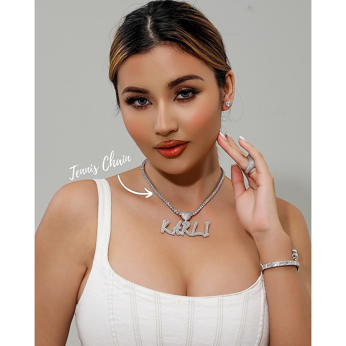 Iced Out Personalized Cursive Name Heart Necklace, Custom Nameplate Pendant Handmade with Cuban Link Chain, Hip Hop Initial Letter Diamond Jewelry Gifts Gold and Silver Color Plated for Man and Woman (Silver/Heart Hook)