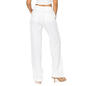 Cali1850 Women's Casual Linen Pants 32" Inseam Oceanside Drawstring Smocked Waist Lounge Beach Pants with Pockets White X-Large