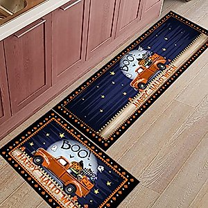 2 Piece Halloween Boo Kitchen Rug SetScary Night Orange Truck Pull Pumpkin Crow Comfort Doormat Absorbent Bathroom Carpet Non Slip Area Rug Pad Home Decor Mat (15.7" x 23.6"+15.7" x 47.2")