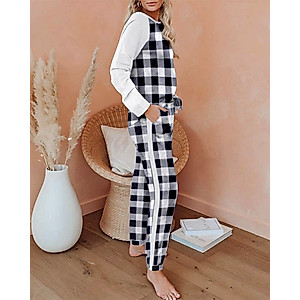 Ekouaer Women's Pajama Set Long Sleeve PJs 2 Piece Outfit Pullover Sleepwear Sweatshirt and Long Pants With Pockets Black White Plaid M