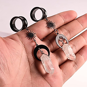 Maxbott 2PCS Moon-Pendant Natural Stone Stainless Steel Dangle Ear Plugs Tunnels Stretcher Piercing Body Jewelry (10mm(00G), Black)