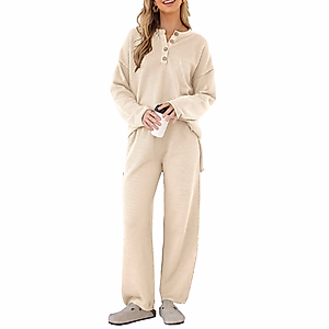 PRETTYGARDEN Women's 2 Piece Tracksuit Outfits 2024 Fall Knit Sweater And Wide Leg Pants Sweatsuit Lounge Sets (Beige,Large)