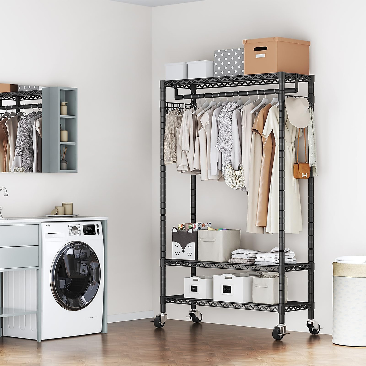 ZERDER Metal Clothing Rack for Closet, Heavy Duty Clothes Rack with 1 Hanging Rods,3 Tiers Shelves and Side Hooks, Freestanding Garment Rack