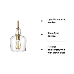 JEENKAE Modern Brass Glass Kitchen Pendant Lighting Rod-Hung Gold Pendant Light, 1-Light-1