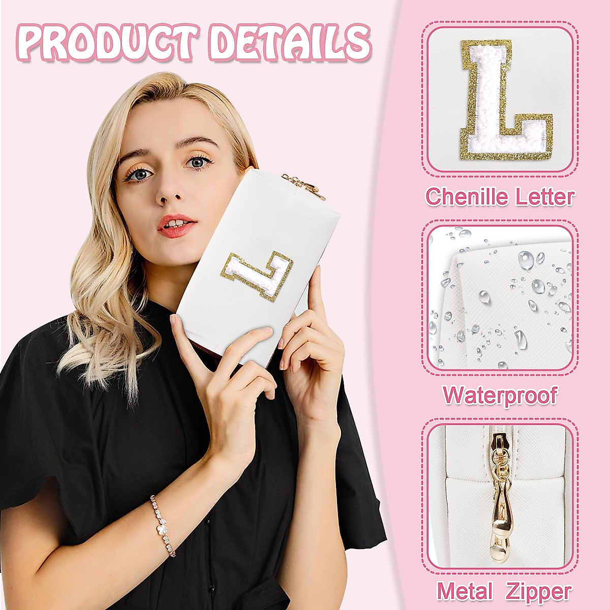 Personalized Initial Preppy Travel Makeup Bag Organizer, Small White Cute Cosmetic Bag Toiletry Zipper Pouch for Women, Portable Waterproof PU Makeup Case Birthday Gift for Female Women(Letter L)