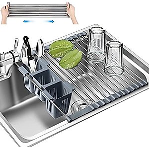 EXTREE Roll Up Dish Drying Rack, Adjustable 12.6"(W) to 23”(L), Over The Sink for Kitchen Sink Foldable Dish Draine with Utensil Holders SUS304 Stainless Steel Sink Rack