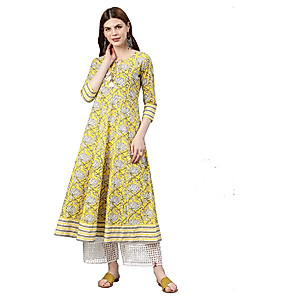 Yash Gallery Indian Cotton Floral Printed Anarkali Kurtis for Women (Lemon Yellow)
