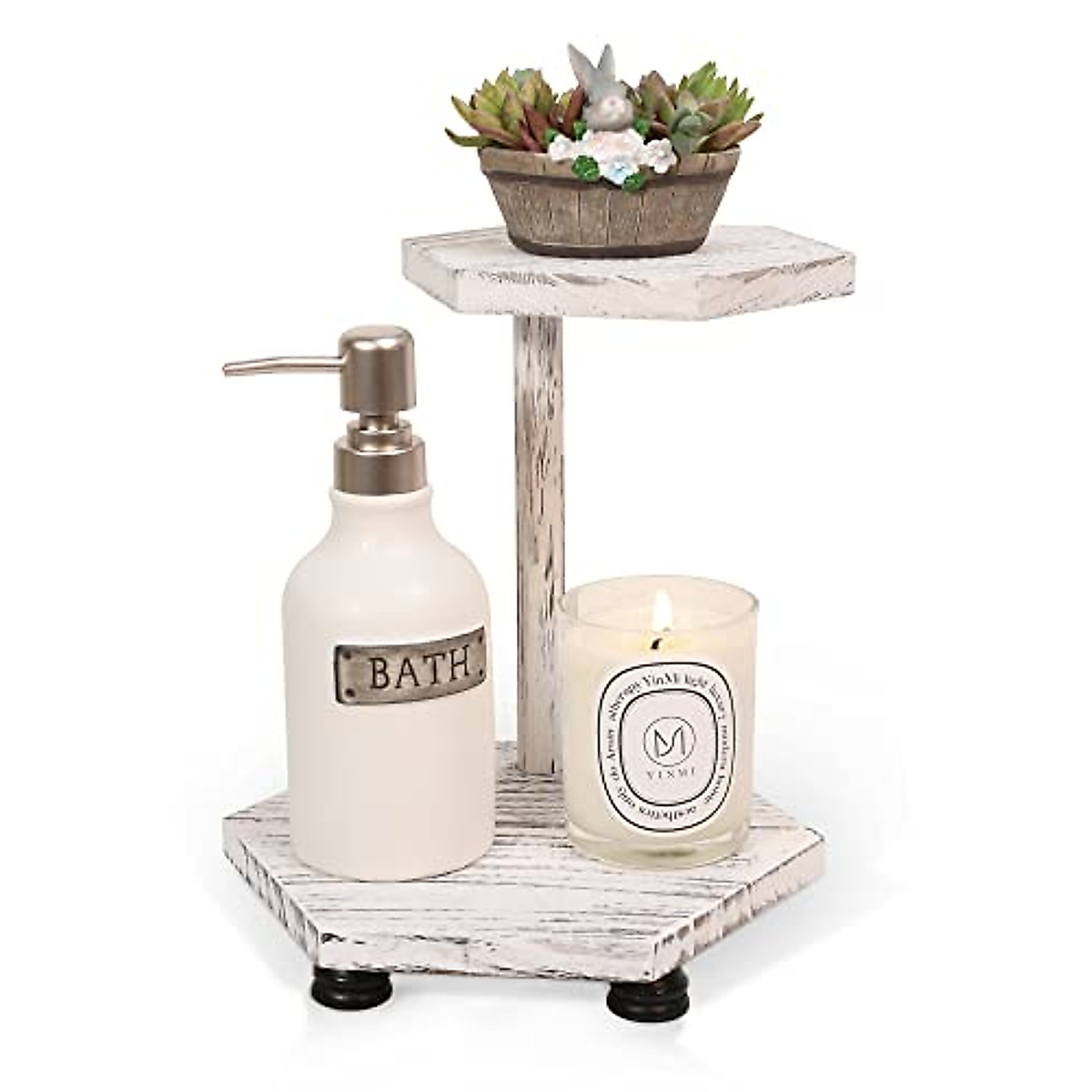 Tikea Hexagonal Wood Riser for Display, 2-Tier Farmhouse Wood Pedestal Stand for Kitchen Bathroom Counter Decor, Decorative Tray for Soap Dispenser, Candle and Plant