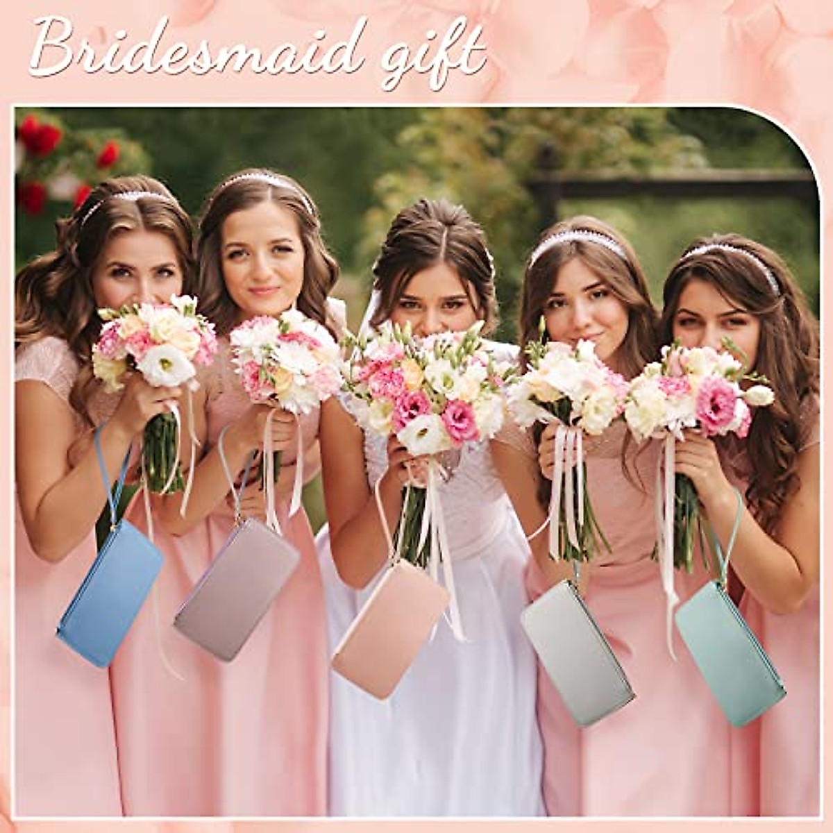 Dunzy 6 Pcs Bridesmaid Clutch Bag Wristlet Wallet for Women Slim Pouch Purse Zipper Handbag with Strap 6 Colors Bags for Phone Travel Wedding Evening Women Bridesmaid Gifts