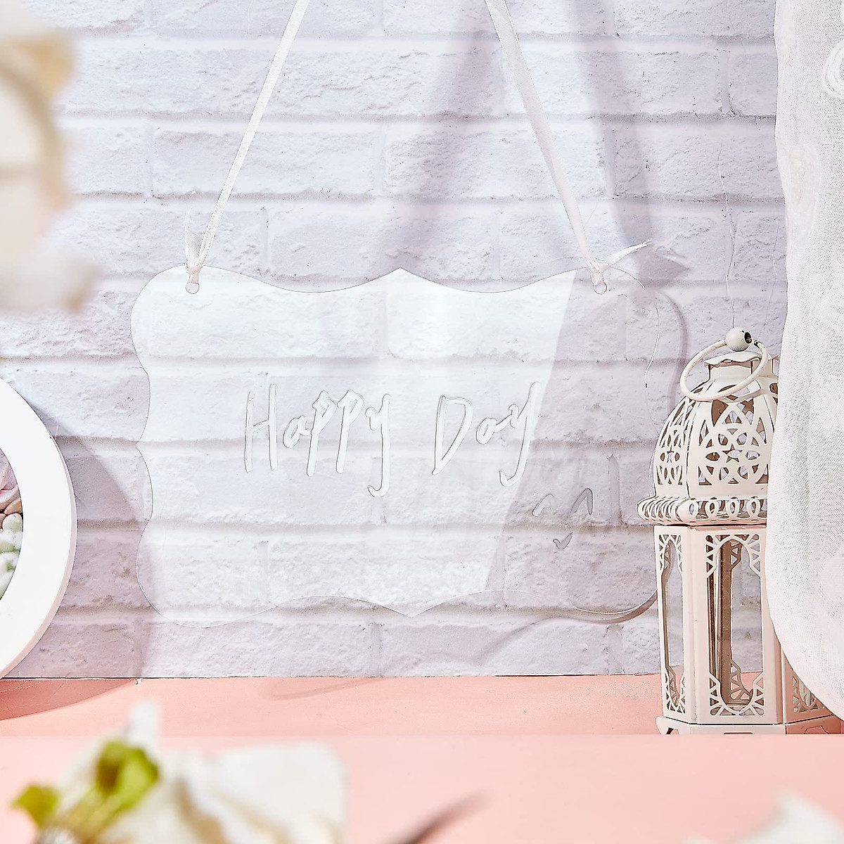 AHANDMAKER 2 Pc Clear Acrylic Hanging Sign, DIY Blank Names Custom Card Labels for Elegant Wedding Chair Signs with White Satin Ribbon for Wedding Dinner Parties, Food Signs, Banquet Events