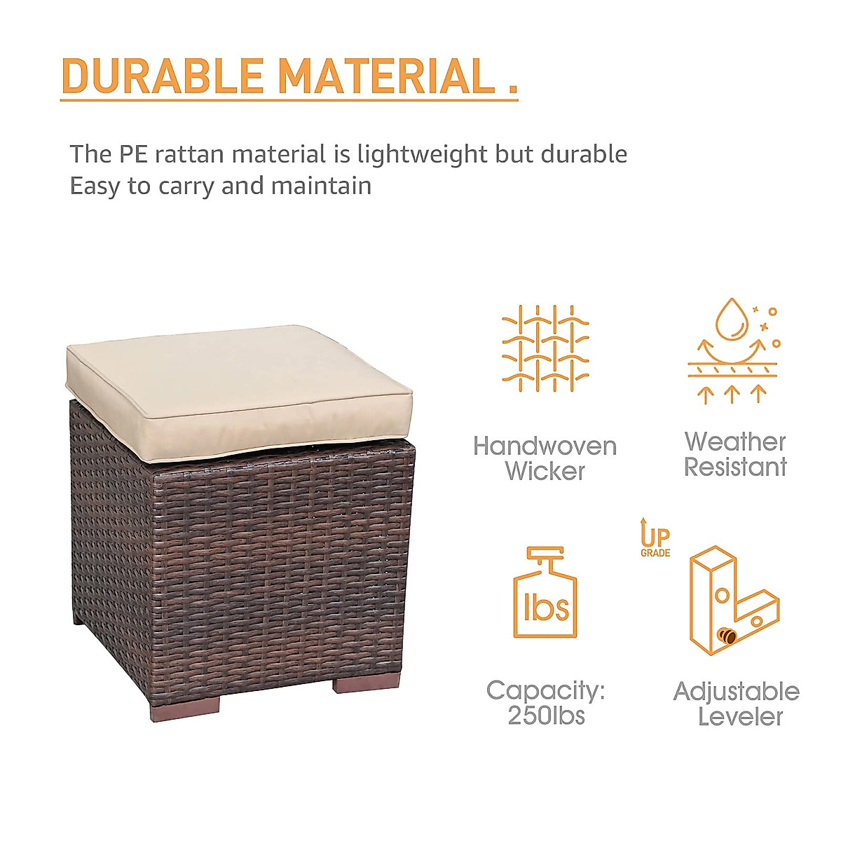 Patiorama 2 Pieces Assembled Outdoor Patio Ottoman, Indoor Outdoor All-Weather Dark Brown Wicker Rattan Outdoor Footstool Footrest Seat with Beige Cushions, No Assembly Required