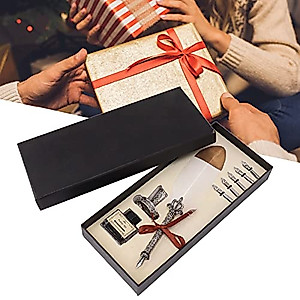 Feather Pen and Ink Set, Glittering Quill Pen Set Antique Calligraphy Dip Pen with Ink, 2 Replacement Nibs, Pen Stand Base, Luxury Vintage Signature Pen