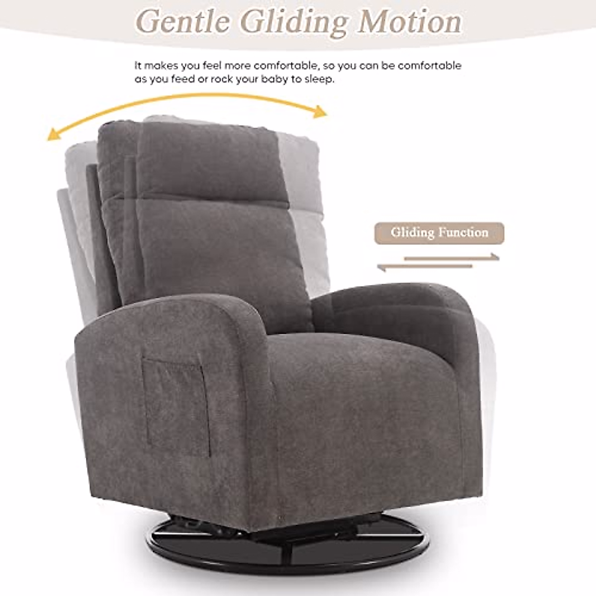 Deolme 360 Swivel Accent Glider Rocking Chair, Comfy Tufted Upholstered Glider Rocker for Nursery, Modern Armchair with Tall Back and Side Pocket for Living Room, Bedroom (Dark Gray)