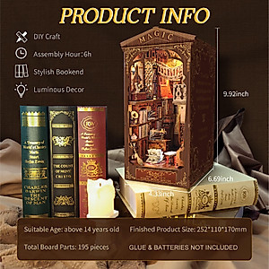 Book Nook Kit, DIY 3D Bookshelf Insert Decor, Wooden Puzzle Dollhouse with Sensor LED Light, Bookend Building Set for Teens Adults - Magic Book House