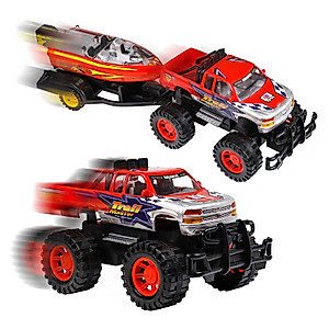 KidPlay Products Path Blazer Friction Power Monster Truck Speed Boat Hauler with Trailer