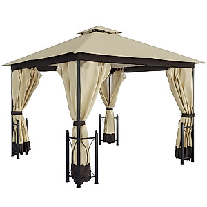Outsunny 11' x 13' Patio Gazebo, Double Roof Outdoor Gazebo Canopy Shelter with Netting & Curtains, Steel Corner Columns for Garden, Lawn, Backyard and Deck, Beige
