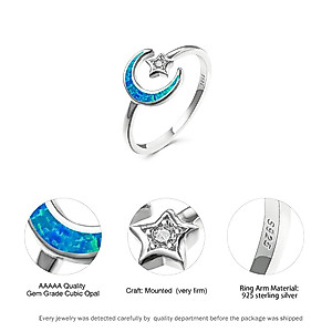 Angol Opal Moon Star Ring for Women Sterling Silver Adjustable Crescent Moon Ring 5A+ Cubic Zirconia Statement Hypoallergenic Finger Ring Gift with Box