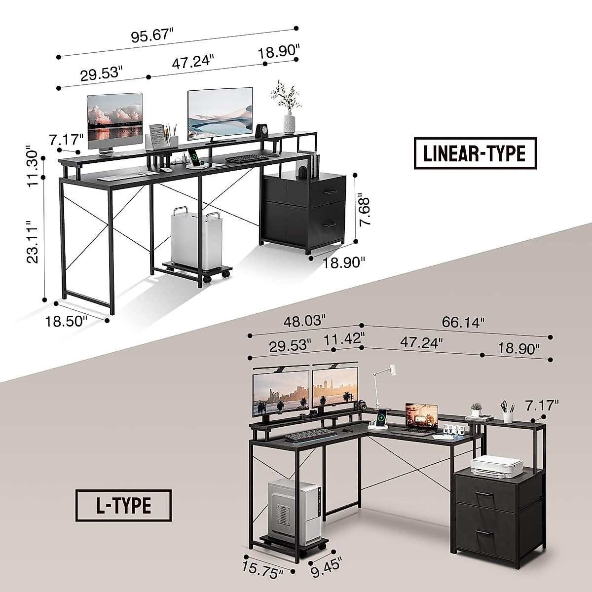 WASAGUN L Shaped Desk with 2 Fabric Drawers, Power Outlet & USB Ports, Corner Gaming Desk with LED Light, Reversible Computer Desk with Monitor Stand & Hook, Home Office Work Desk, Black