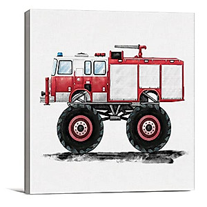 Lameila Fire Engine Monster Truck Artwork Sign Wall Art Prints Watercolor Monster Truck Fire Truck Canvas Painting Vehicles Nursery Print Home Boys Bedroom Playroom Decor 8" x 8"