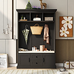 Favfurish Hall Tree with 3 Hooks & Cushioned Bench,3-in-1 Design Coat Hanger W/Storage Cabinet and 2 Large Drawers,Space Saving,for Mudroom Entryway Hallway,Black,47.2"