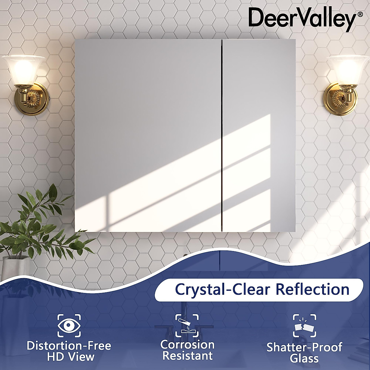 Deer Valley Medicine Cabinet with Mirror, 26 x 30 Inch Double Doors Bathroom Mirror Medicine Cabinet with Adjustable Glass Shelves, Frameless Surface Mount Wall Cabinet, Beveled Edge