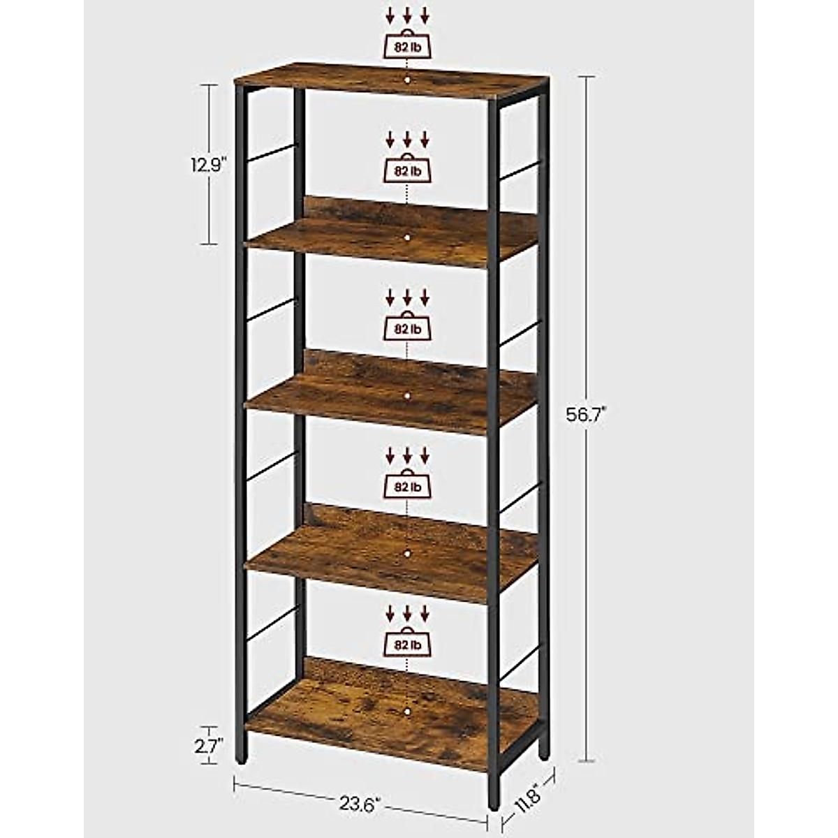 VASAGLE 5-Tier Bookshelf, Bookcase for Office, 11.8 x 23.6 x 56.7 Inches, Shelving Unit, with Back Panels, Industrial Style, for Living Room, Study, Home Office, Rustic Brown and Black ULLS117B01