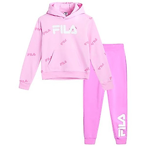 Fila Girls' Active Sweatsuit Set - 2 Piece Performance Fleece Hoodie Sweatshirt and Jogger Sweatpants - Activewear Set, 7-12, Size 7-8, Pink