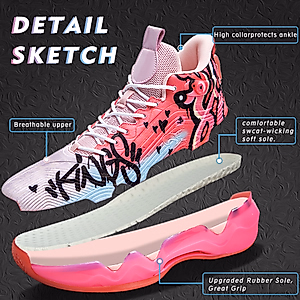 Promenie Men's High-Top Basketball Shoes Graffiti-Inspired Athletic Footwear with Superior Support Anti-Slip Design Outstanding Durability Pink Size 8.5