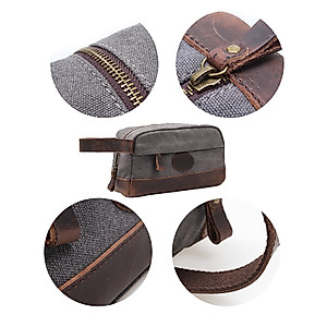 Vintage Leather Canvas Travel Toiletry Bag Shaving Dopp Kit #A001 (Grey)